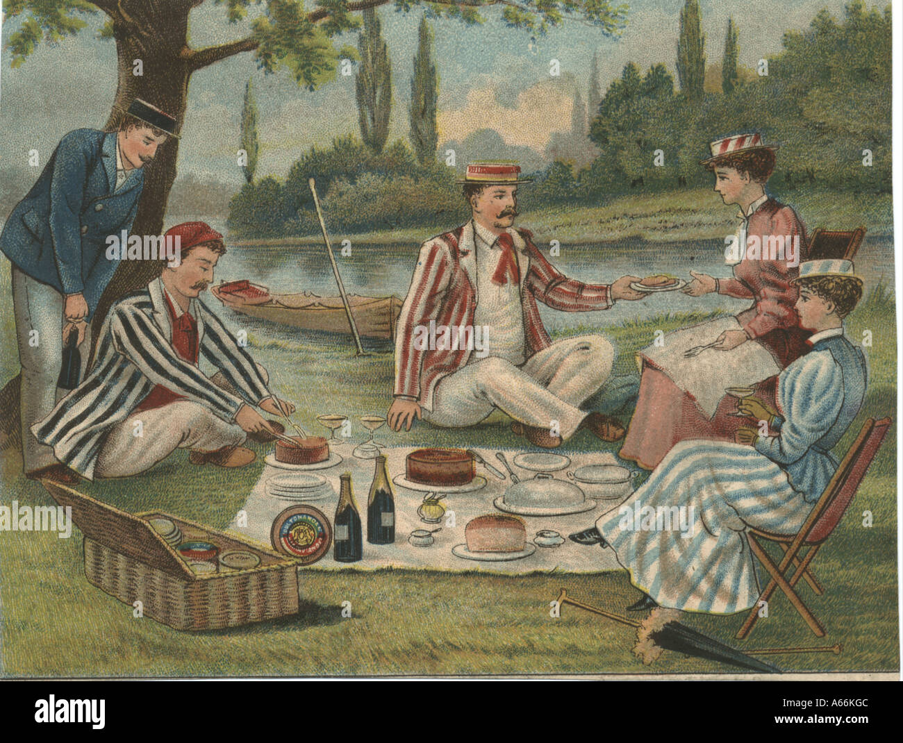 Picnic scene on a river bank circa 1895 Stock Photo - Alamy