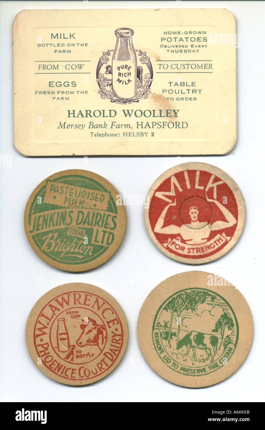 Trade card and milk bottle tops from dairies circa 1930 Stock Photo - Alamy