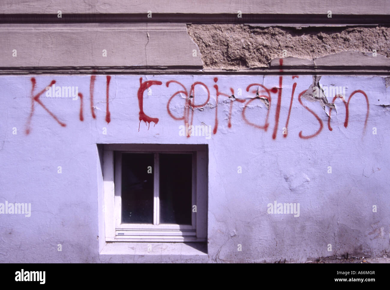 Kill Capitalism red graffiti written on a white wall during the IMF ...