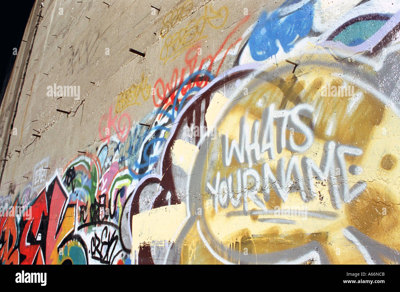 graffitti painted on wall question what s your name Stock Photo - Alamy