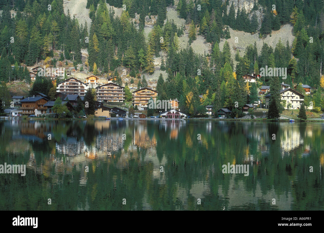 resort town Champex reflection in Lake Champex Canton Wallis or Valais ...