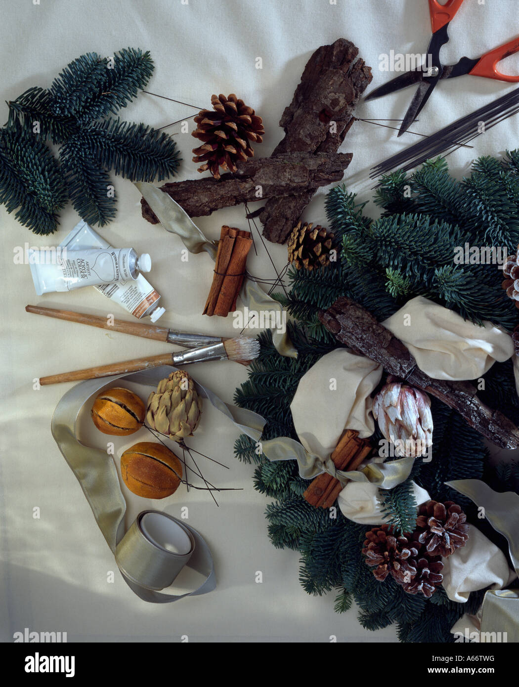 Leaves and materials for conifer wreath Stock Photo - Alamy