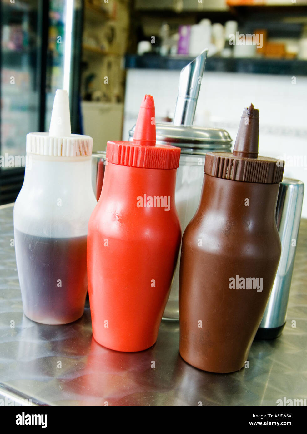 Condiments in a cafe Stock Photo - Alamy