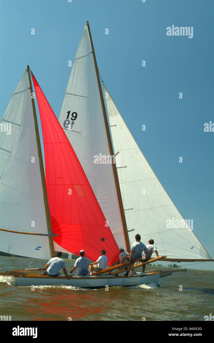 Log canoe sailboat racing on a Chesapeake Bay region river Stock Photo ...