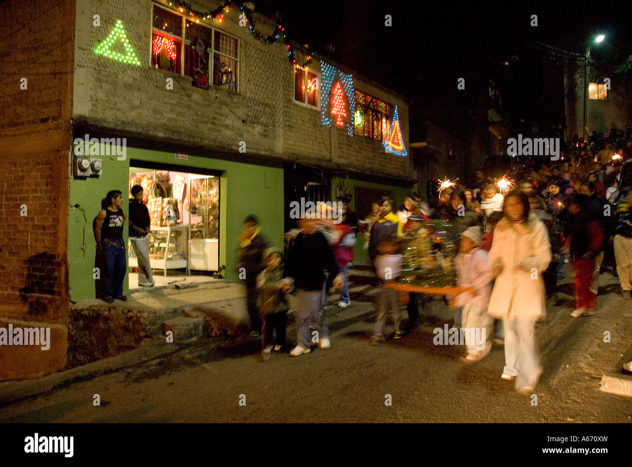 Nativity scene at christmas posada in the street - mexico city Stock ...