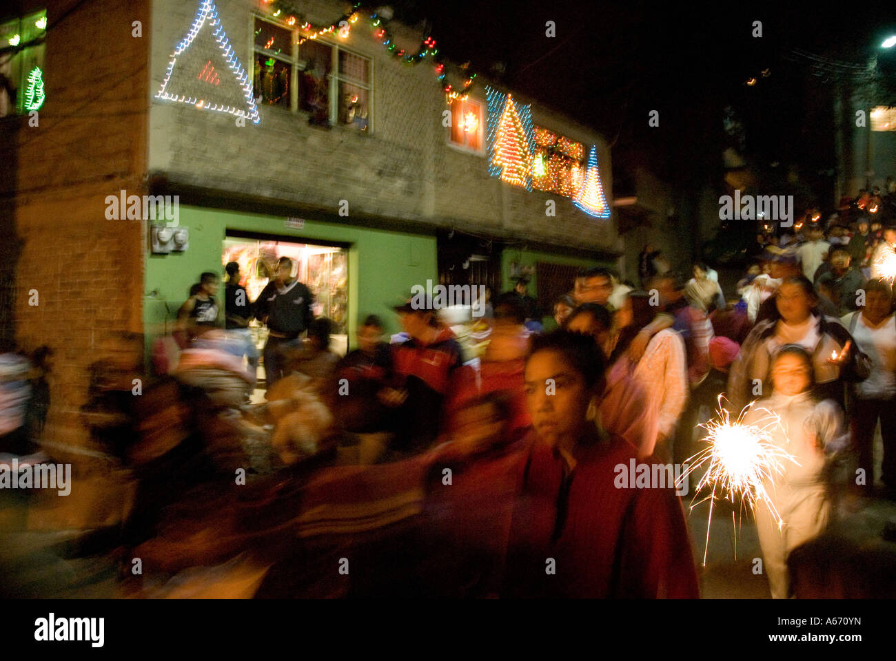 Nativity scene at christmas posada in the street - mexico city Stock ...