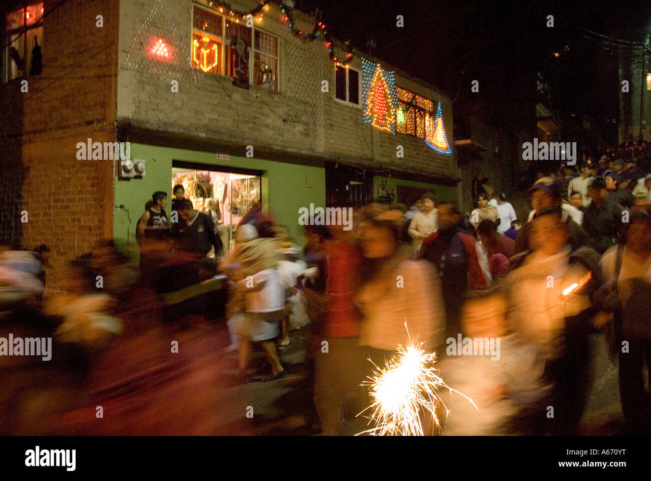 Nativity scene at christmas posada in the street - mexico city Stock ...