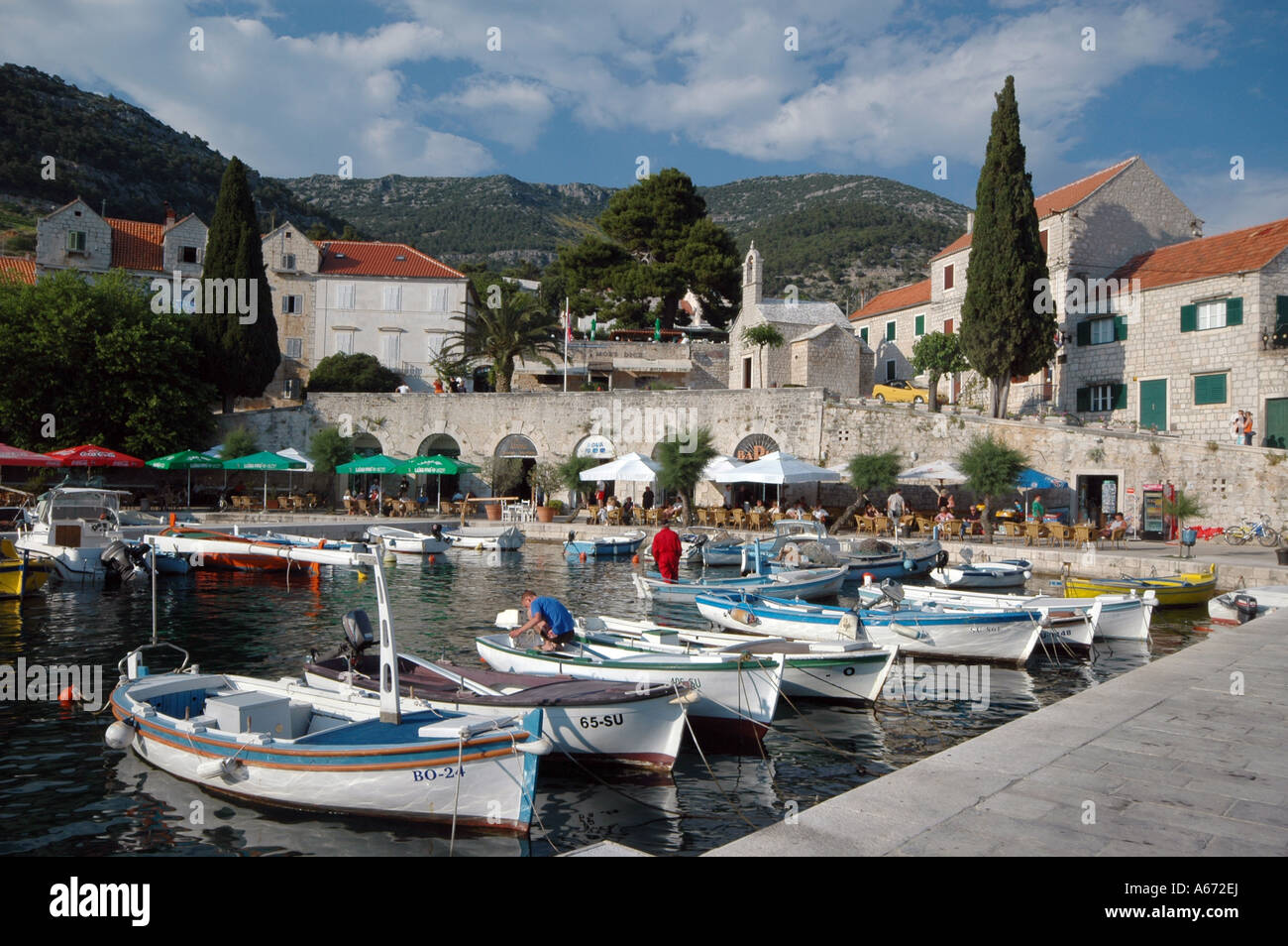 harbor broc island croatia with typical architecture church flag ...