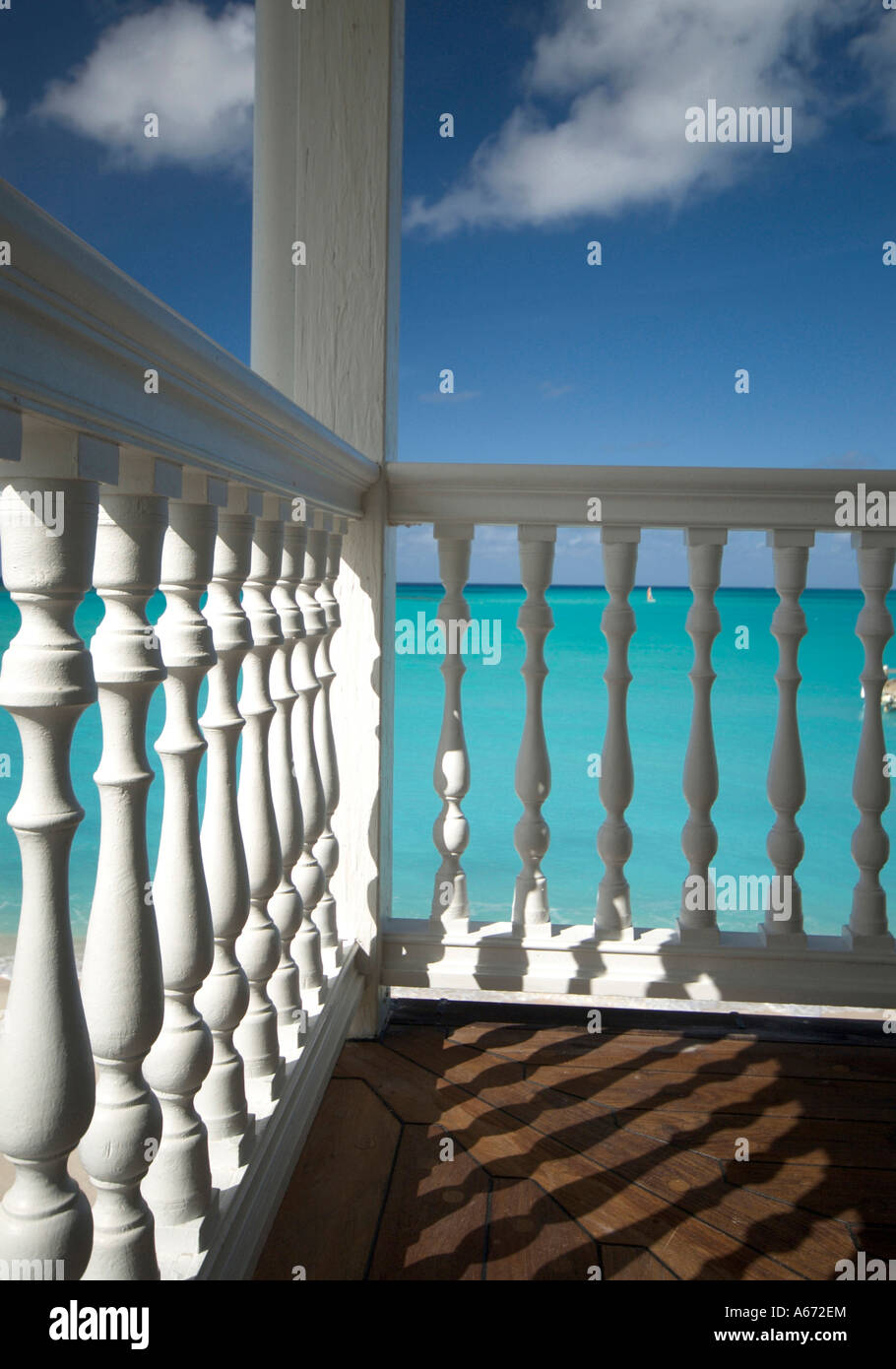 deck with railing in sunlight over the beautiful sea ocean Stock Photo ...