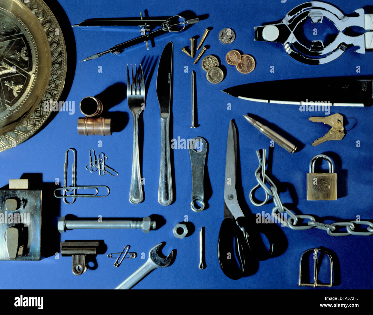 Selection of objects made from metal alloys Stock Photo - Alamy