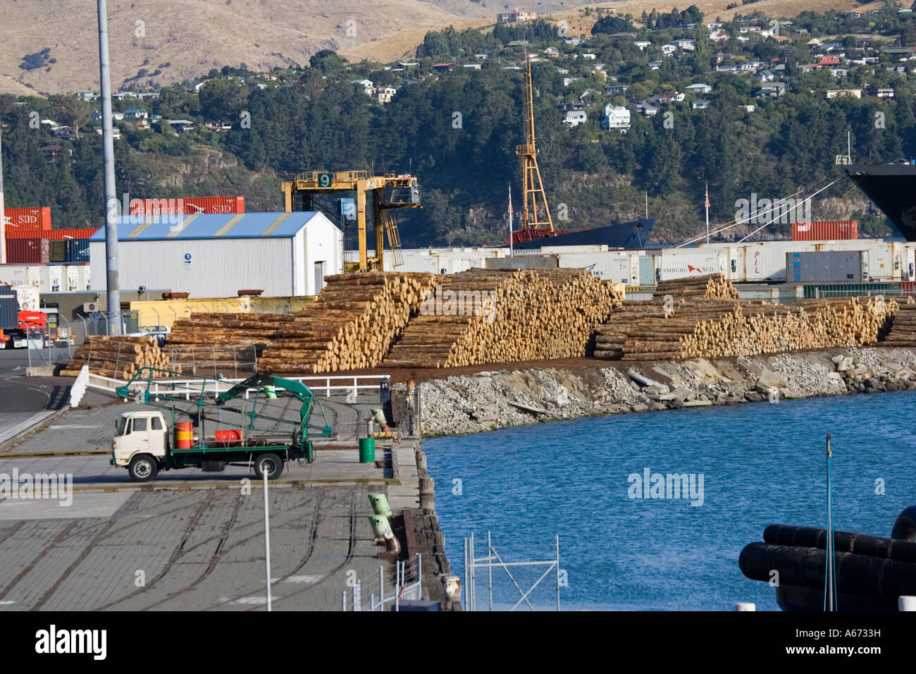 Timber logs stacked on quayside at Lyttleton Port near Christchurch New ...