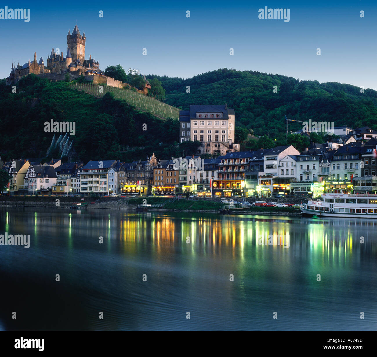 Castle Cochem and village on Moselle River Germany dusk Stock Photo - Alamy