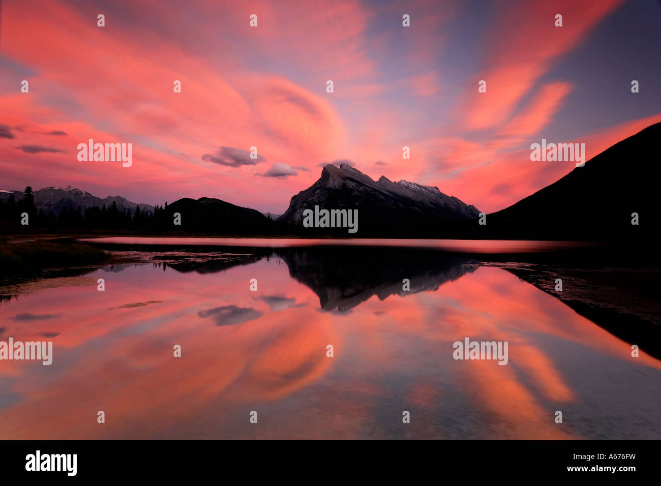 Sunset over Mount Rundle at the vermillion lakes in banff in the ...