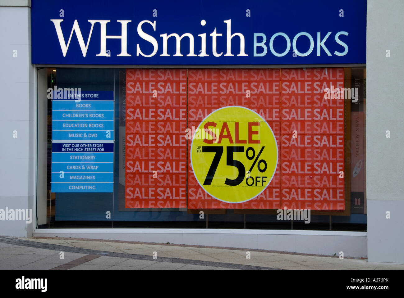 Close up "W H Smith" "High street" books shop window with repetitive ...