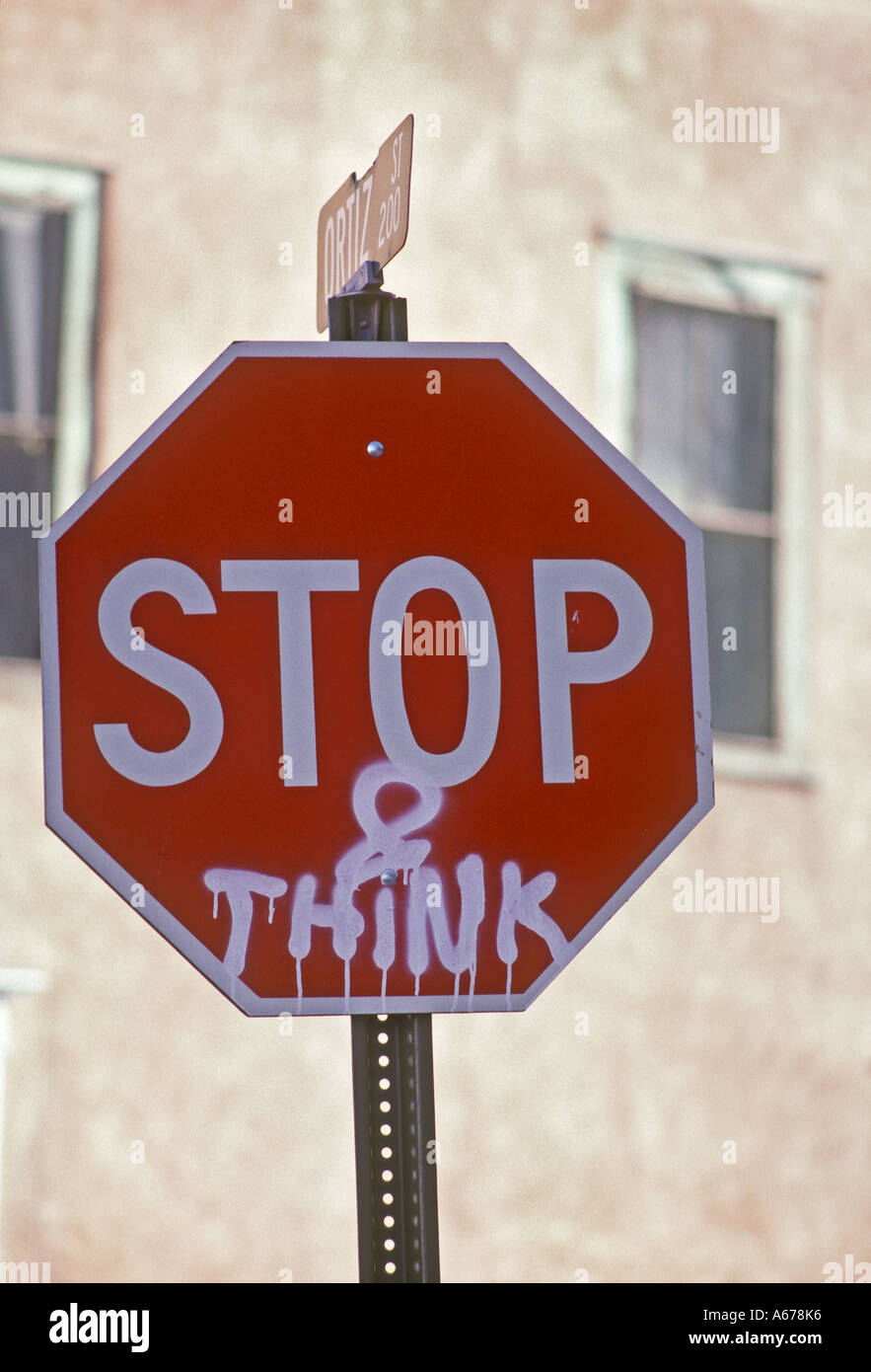 Santa Fe New Mexico A stop sign repainted to read Stop and Think Stock ...
