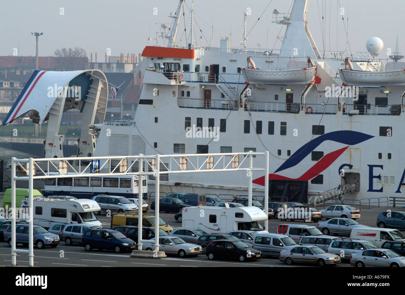 Cross Channel ferry with bow doors open Port of Calais northern France ...