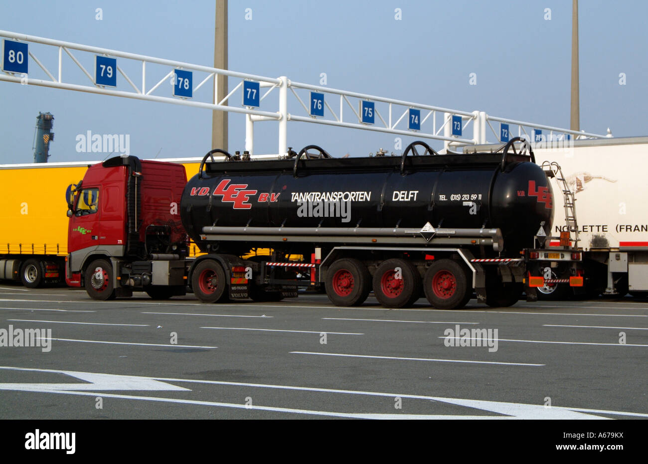 Articulated tanker lorry in waiting area Port of Calais northern France ...