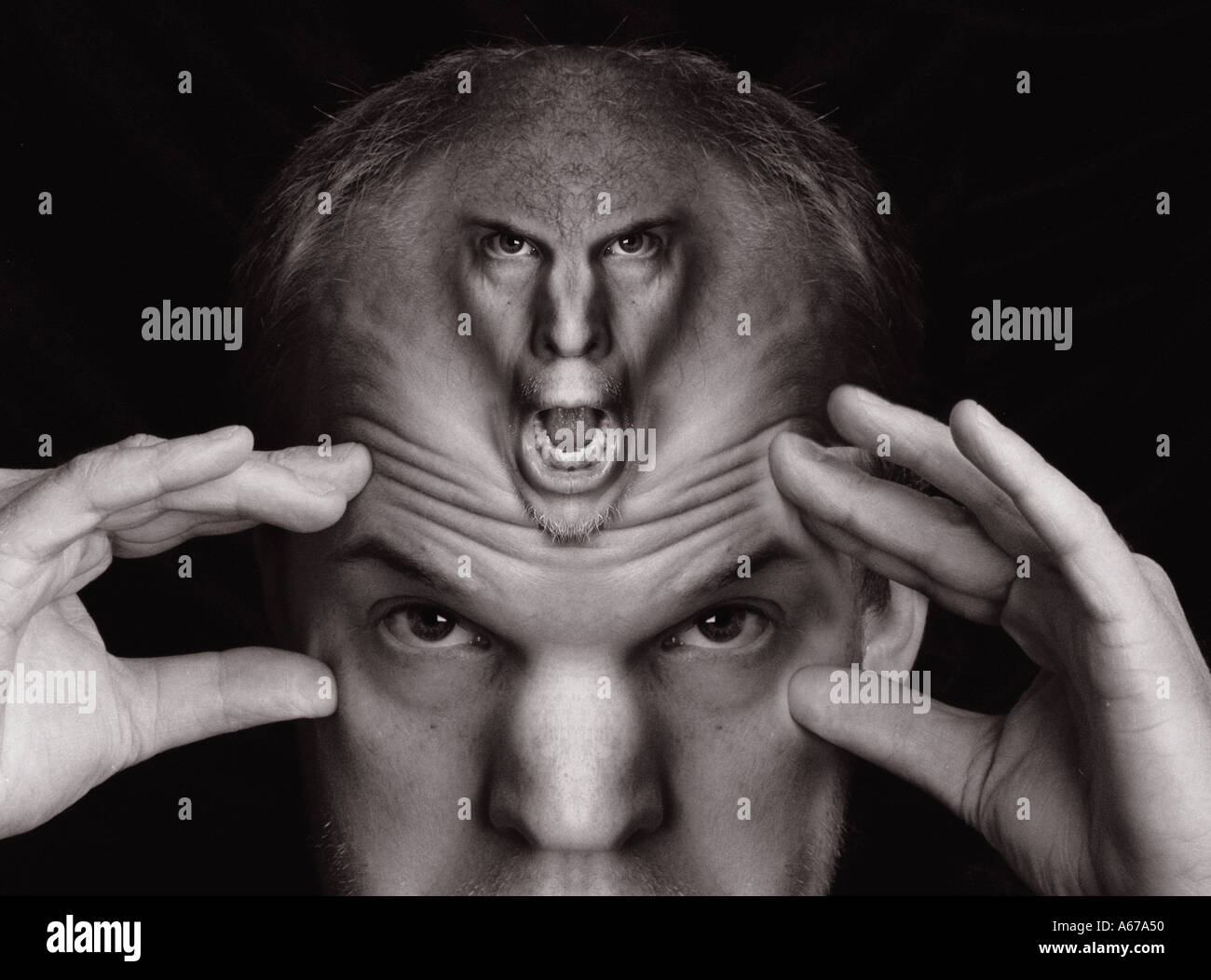 Surreal Monster like screaming man in another man s forehead Headache ...