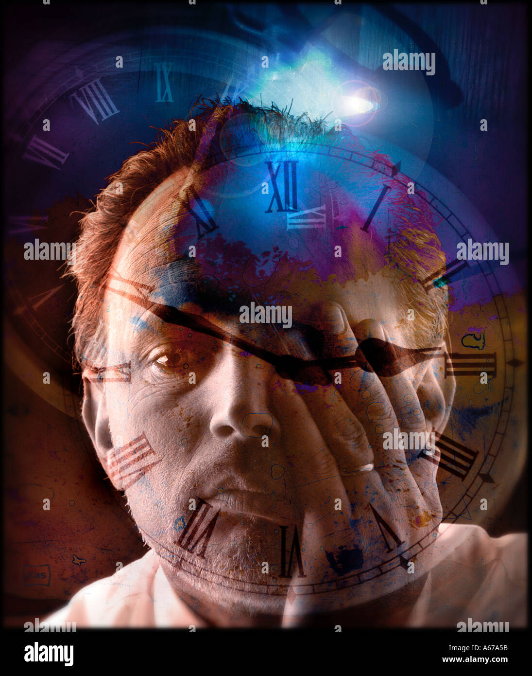 Time change Man rubbing eye with clock face and dark sky in collage ...