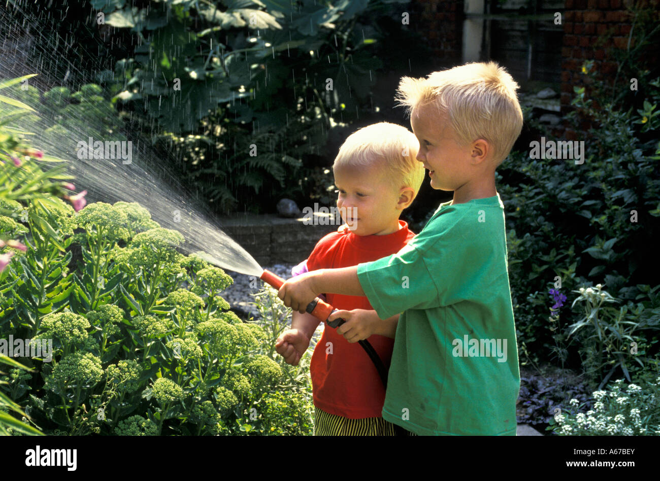 Two children watering the garden Stock Photo - Alamy