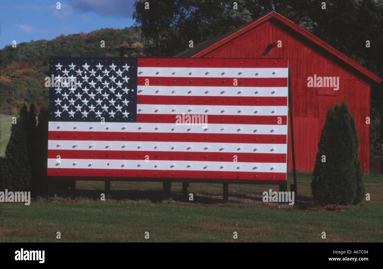 Vintage Photograph of an American Flag in Front of a Red Barn in the ...