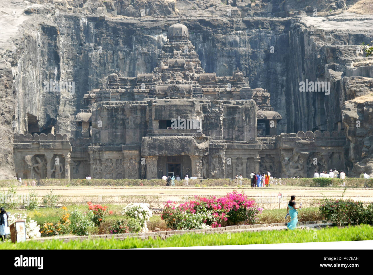 Gardens outside the Kailasa Cave at the UNESCO World Heritage Site of ...