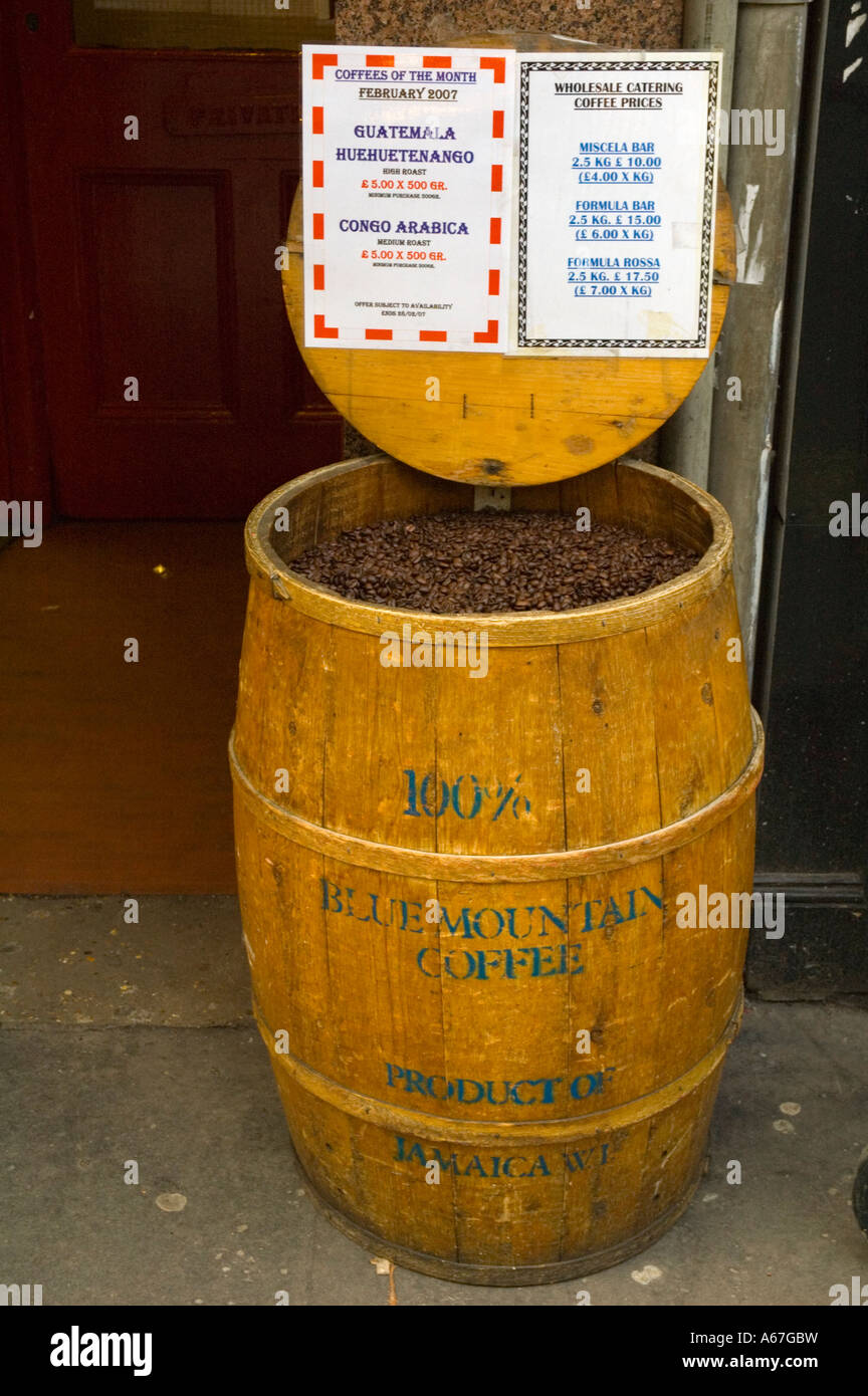 A barrel of coffee beans outside a shop in Soho central London England ...
