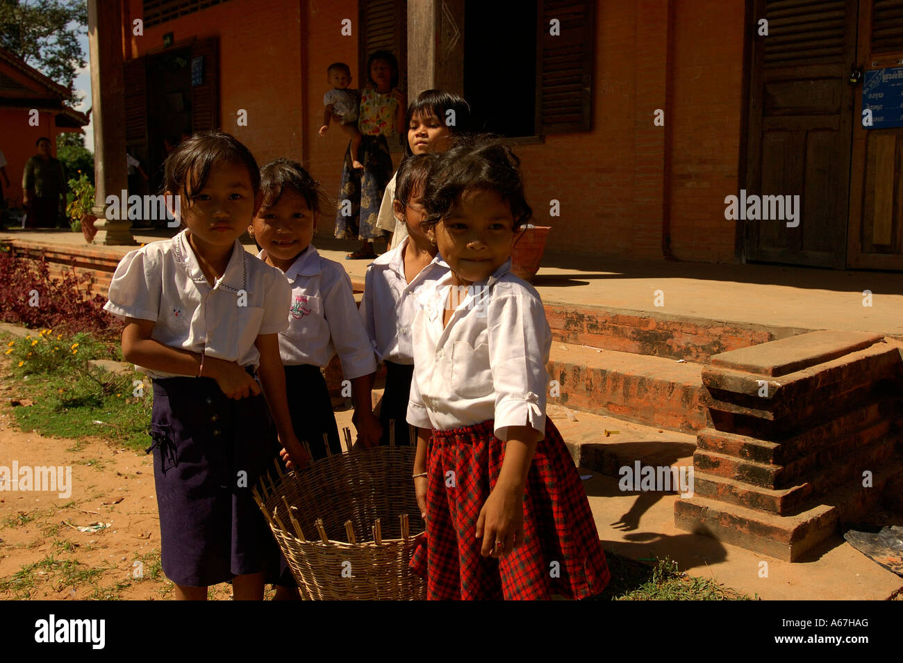 Khmer school children are studying in their classroom at the small Sras ...