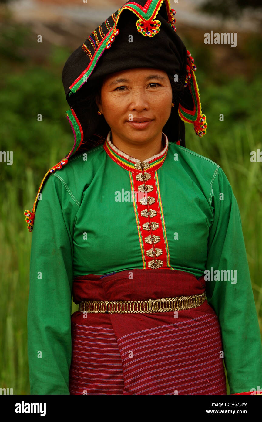 Portrait of a Tai Dam indigenous woman in a green traditional dress ...