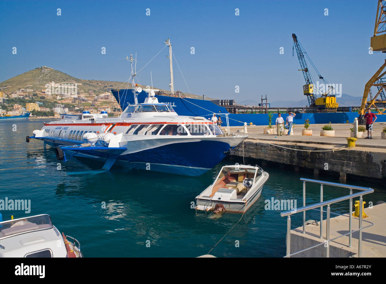 Catamaran from Corfu tied up at jetty in Sarande Albania. JMH2582 Stock ...