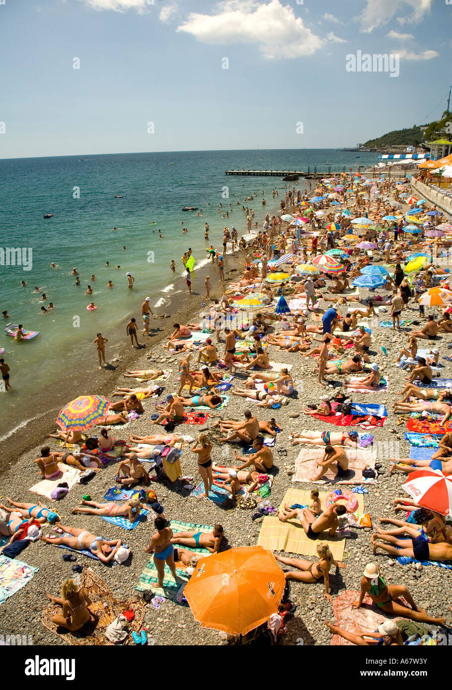 Crowded Public Beach, Promenade and Boardwalk of Jalta, Crimea, Ukraine ...