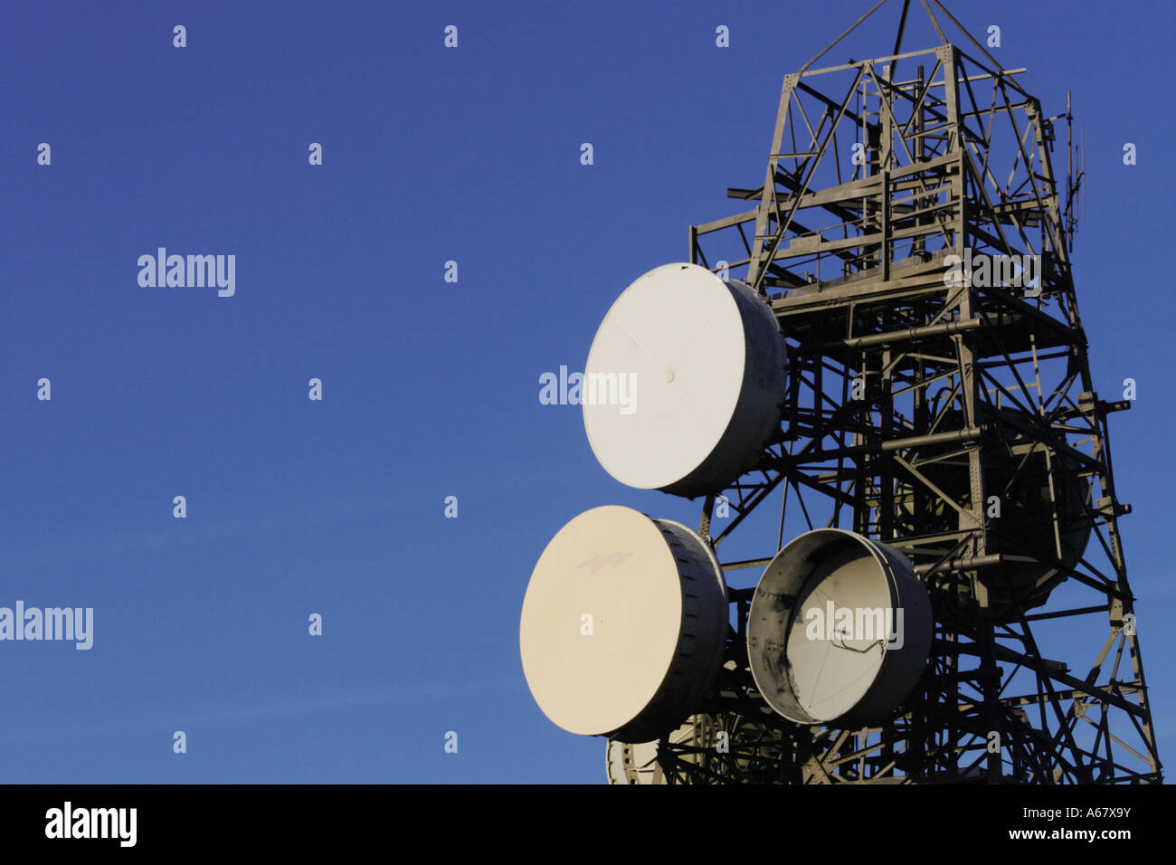 Microwave transmitter dishes on telecom phone mast tower Stock Photo ...