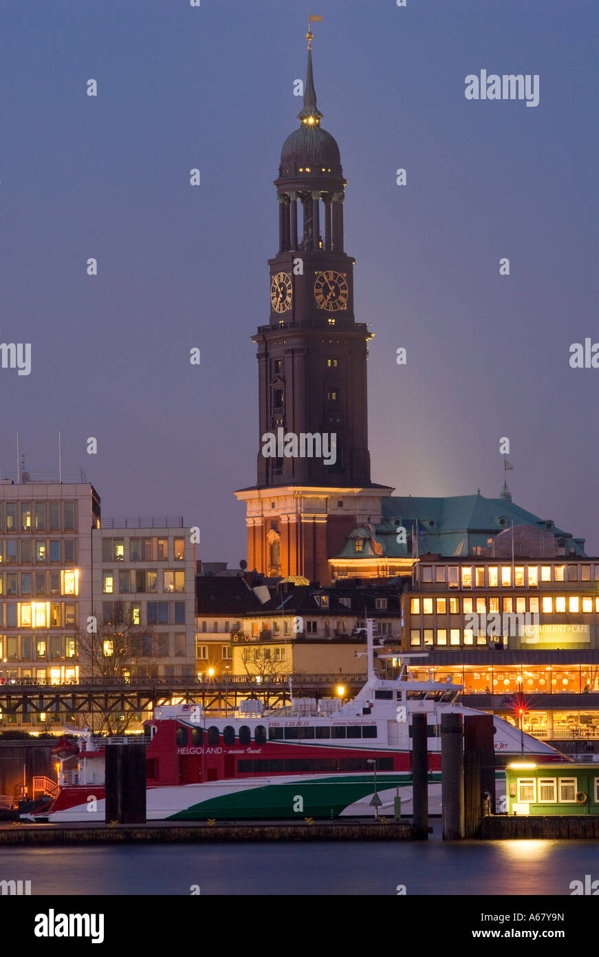 Tower of St. Michaelis Church, also called Michel, at dusk, Hamburg ...