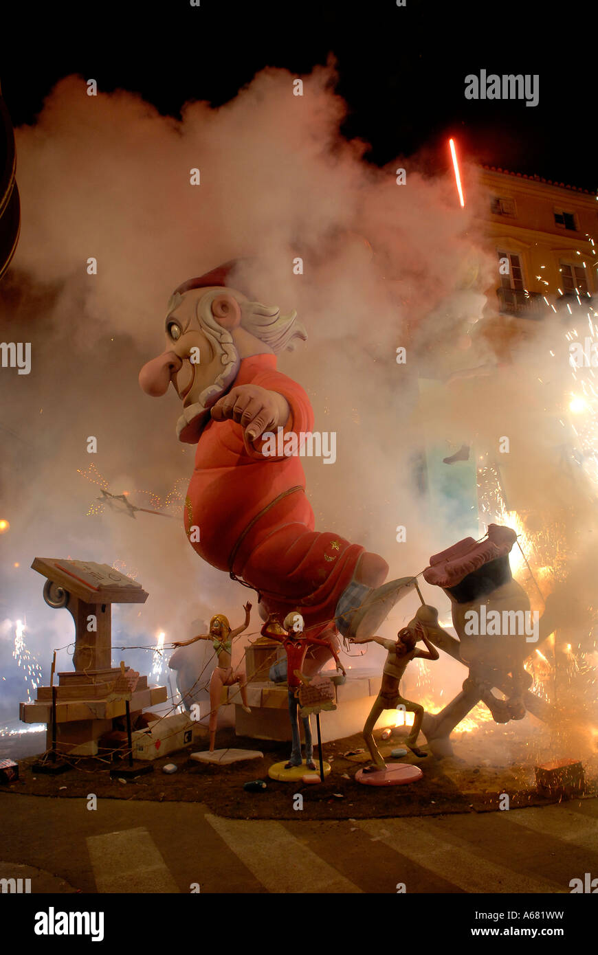 Falles and paper-mache Ninot puppets set on fire during La Crema, the ...