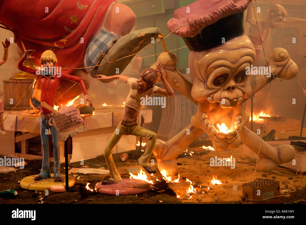 Falles and paper-mache Ninot puppets set on fire during La Crema, the ...