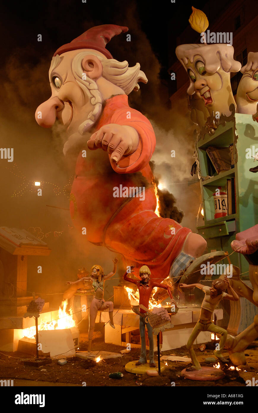 Falles and paper-mache Ninot puppets set on fire during La Crema, the ...