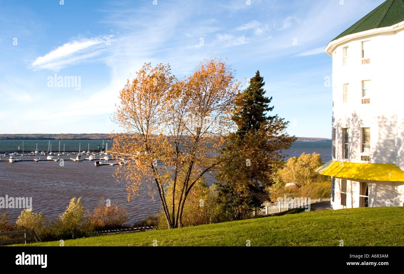 Overlooking Lake Superior marina from Hotel Chequamegon. Memorial Park ...