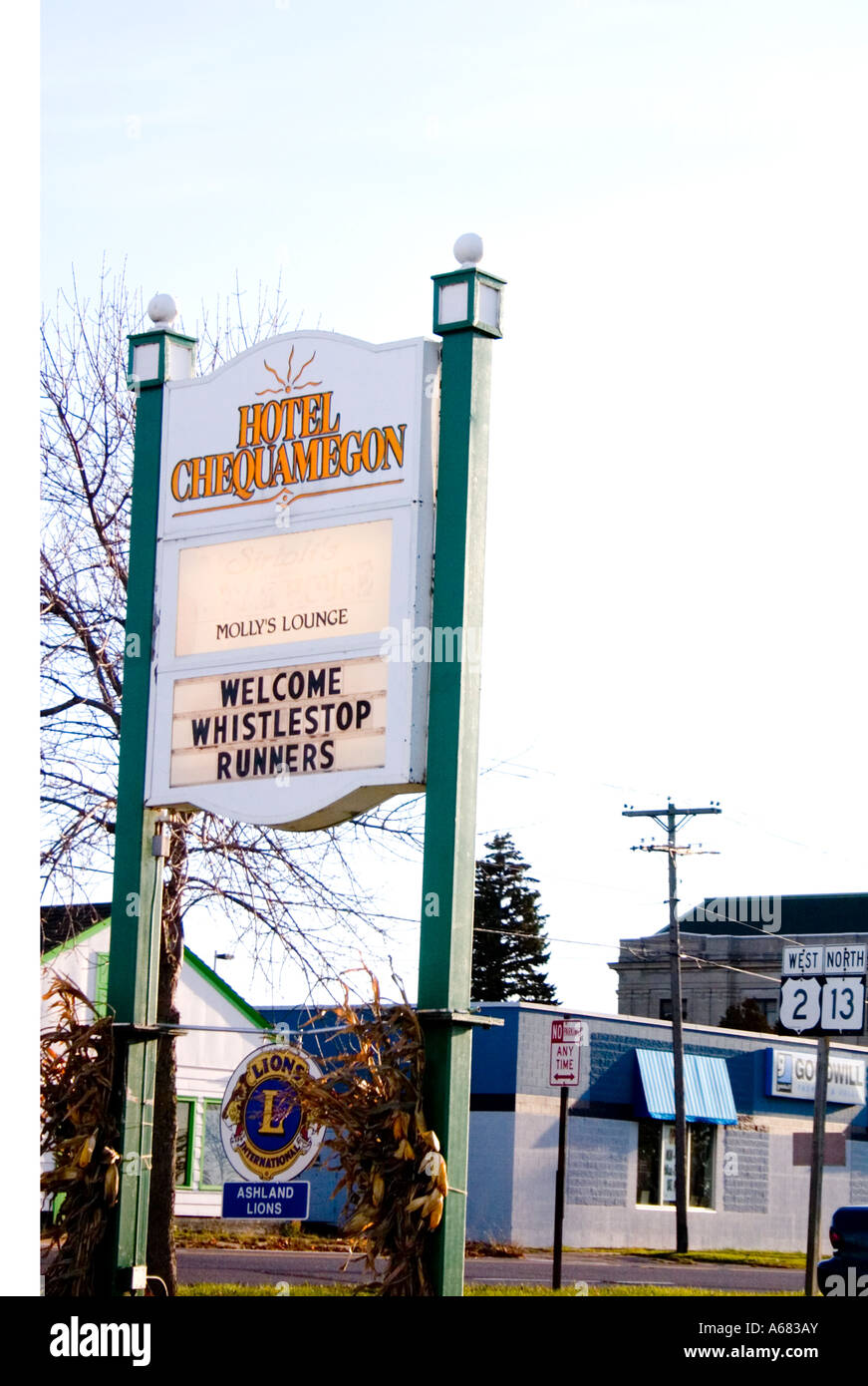 Entry sign for the elegant Hotel Chequamegon. Ashland Wisconsin USA ...