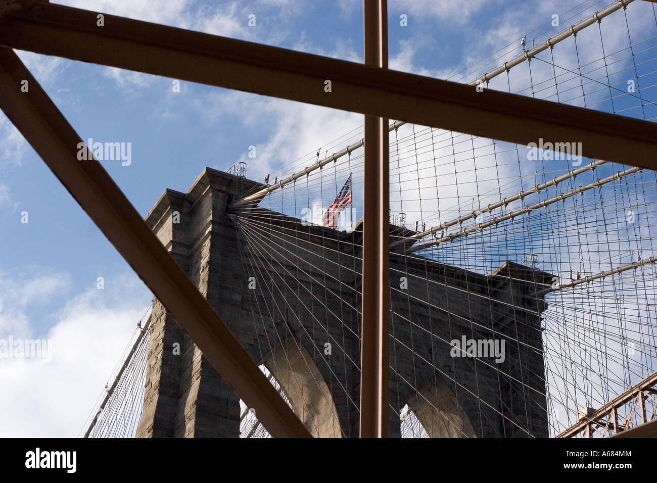 Brooklyn Bridge pillar and American flag Stock Photo - Alamy