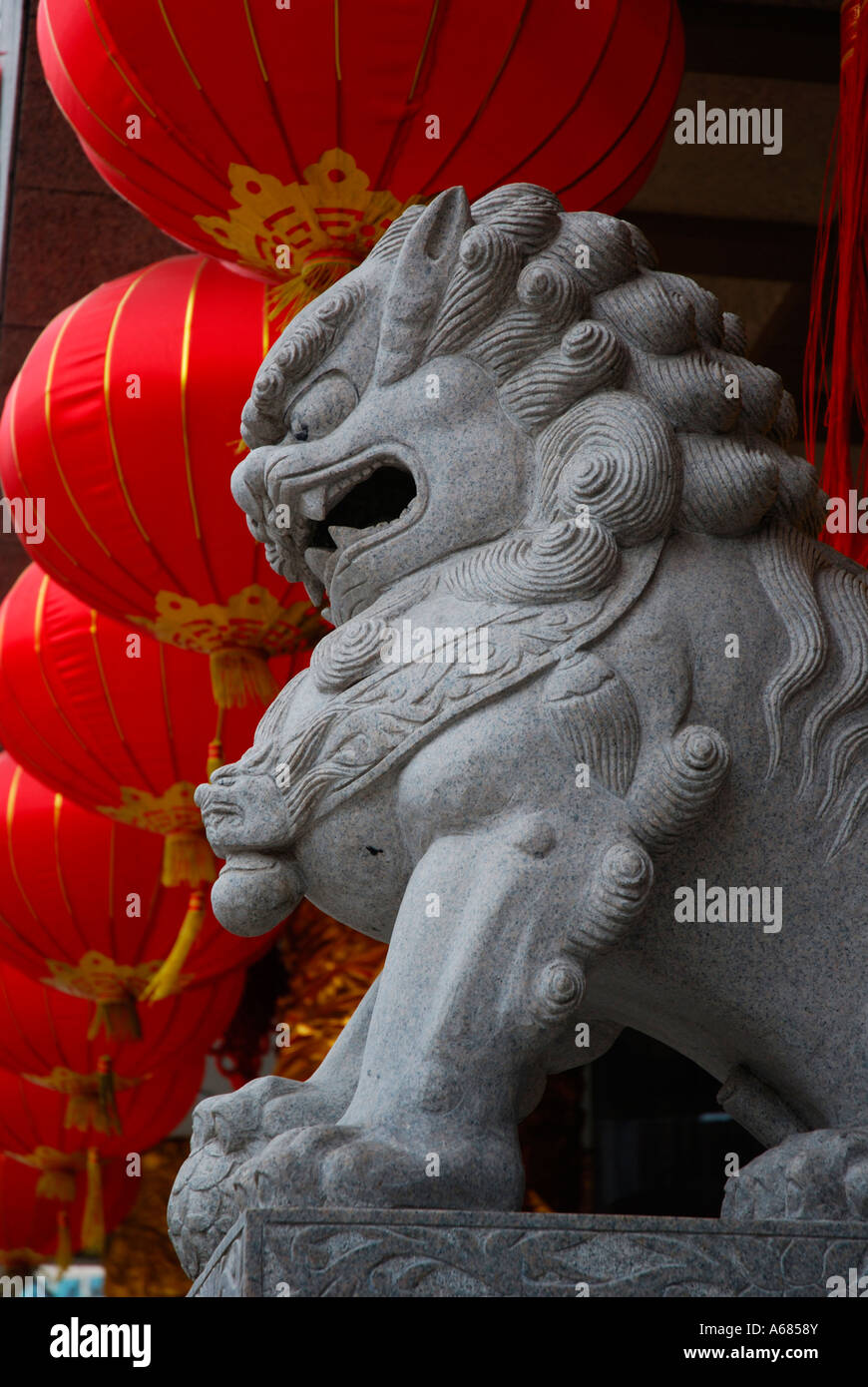 Chinese Lion and Red Lanterns Stock Photo - Alamy
