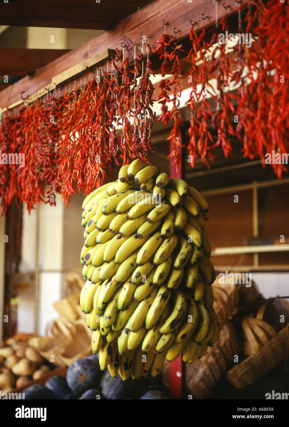 dh Vegetable fruit Market FUNCHAL MADEIRA Stalls small bananas red ...