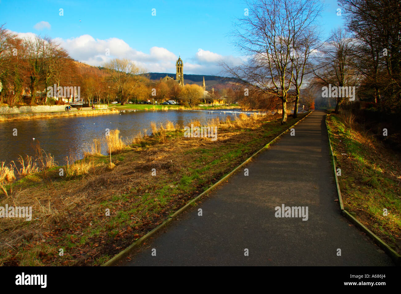 Scotland, Scottish Border, Peebles. Riverside path running by the River ...