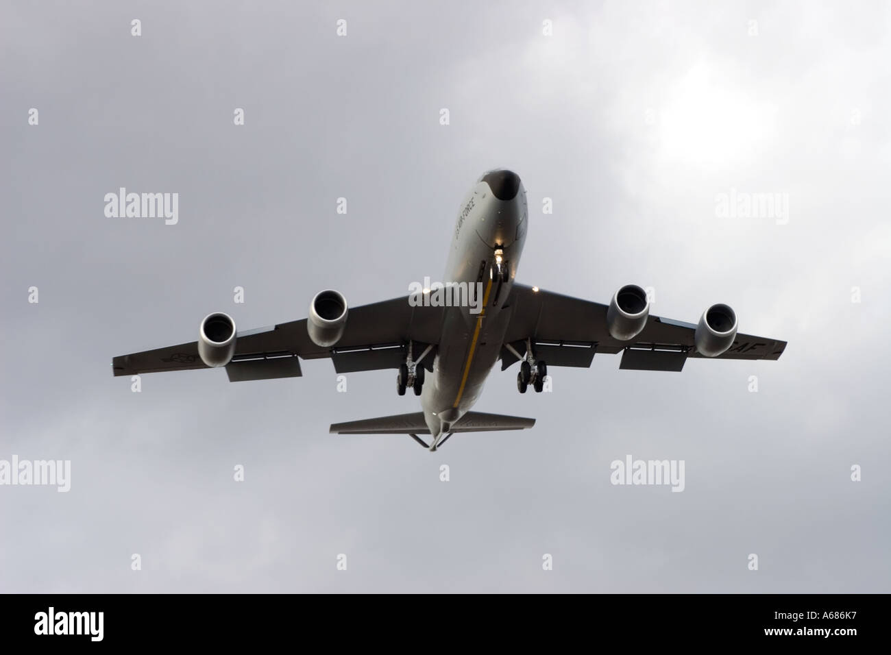 Landing KC-135 air tanker gear down at US Air Force Base Stock Photo ...