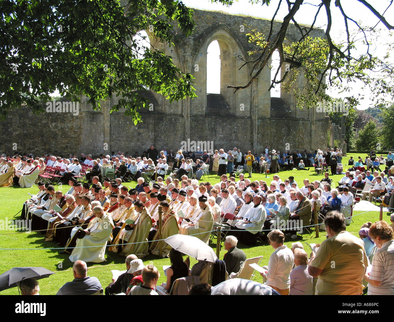 Annual open air service during catholic pilgrimage at Glastonbury Abbey ...