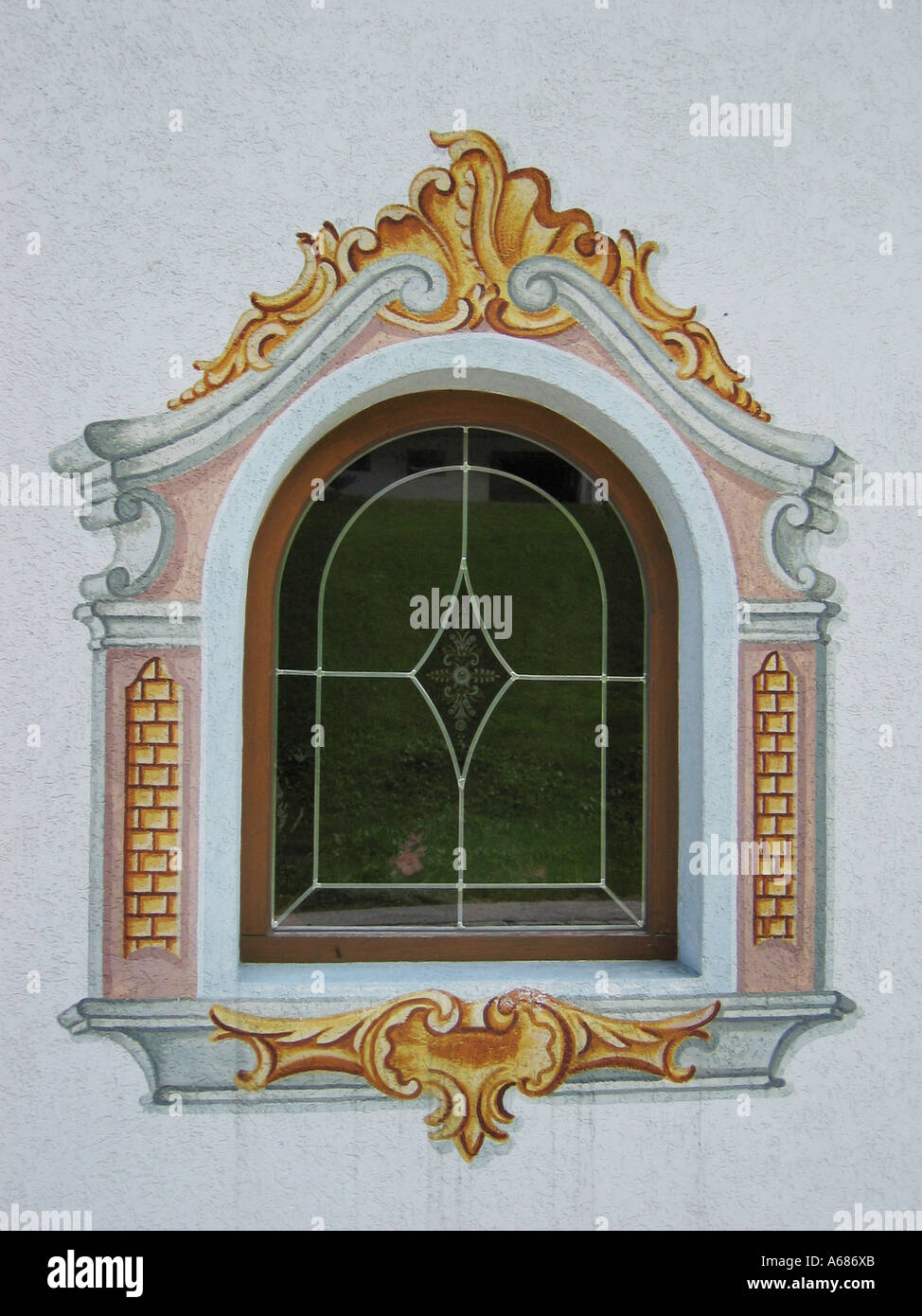 Painted decoration around window of Austrian house Zillertal Tyrol ...