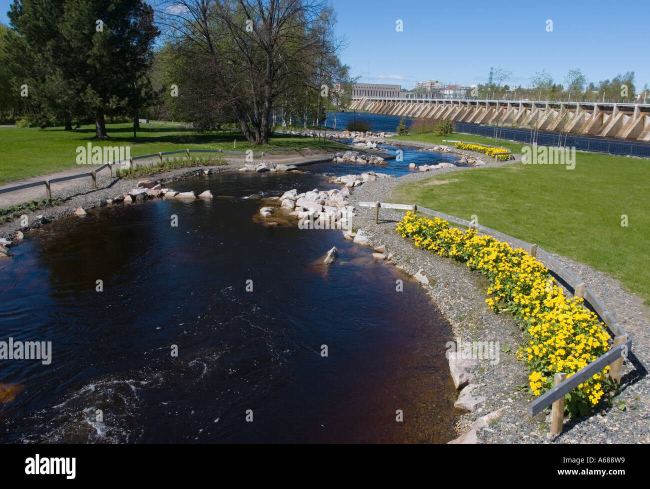 Artificial fish ladder system through a park, passes the Merikoski ...
