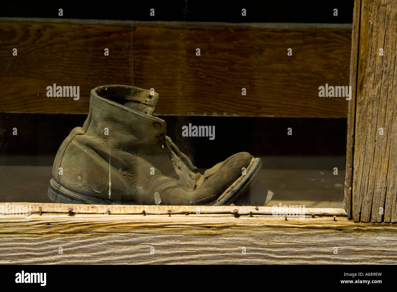 Old boot left in a window in the ghost town of Bodie, California Stock ...