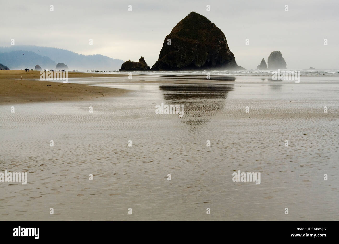 Scenic landscape shot of Haystack Rock at Canon Beach, Oregon with ...