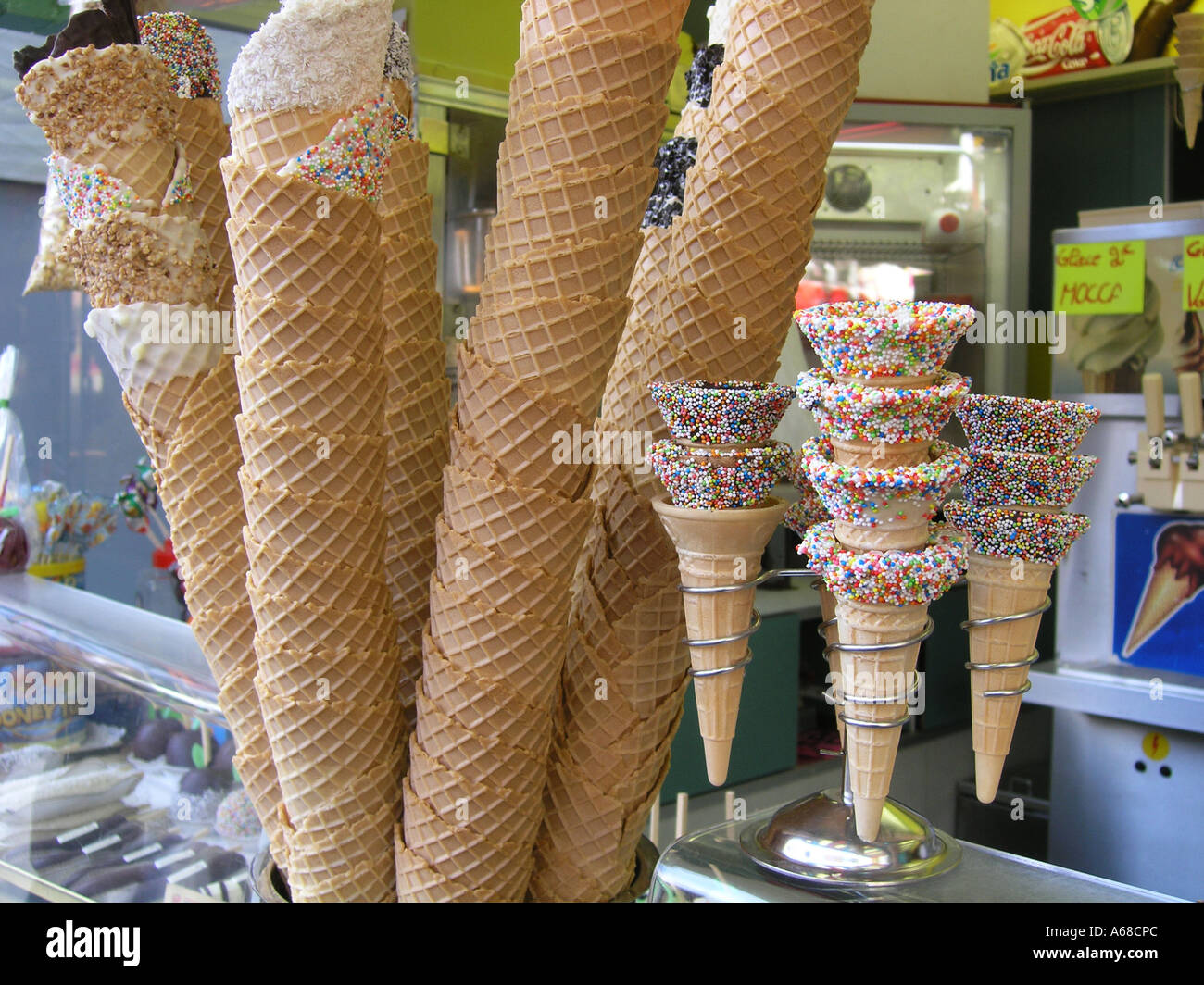 Stack of empty ice cream cones at fun fair Stock Photo - Alamy