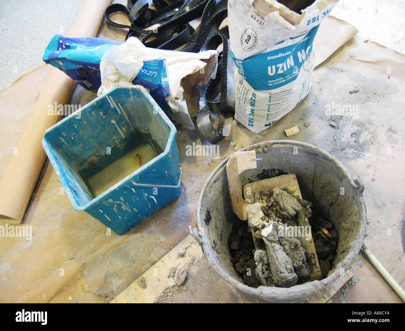 builder's tools left after finishing job Stock Photo - Alamy